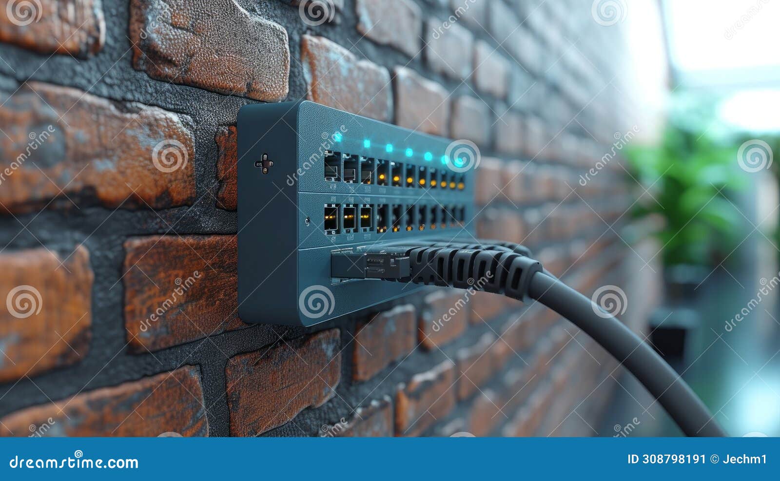 Network Switch Mounted on Brick Wall with Connected Ethernet Cable ...