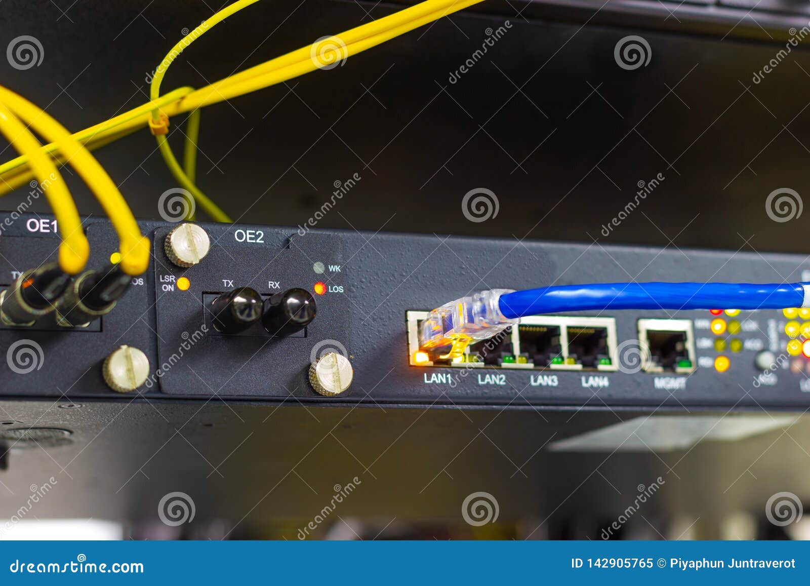 Network Switch in Rack, Blue Network Cables Connect SFP Module Port ...