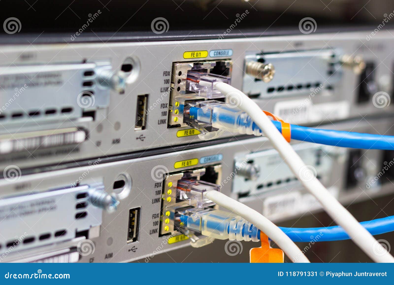 Network Switch in Rack, Network Cables Connect SFP Module Port Stock ...