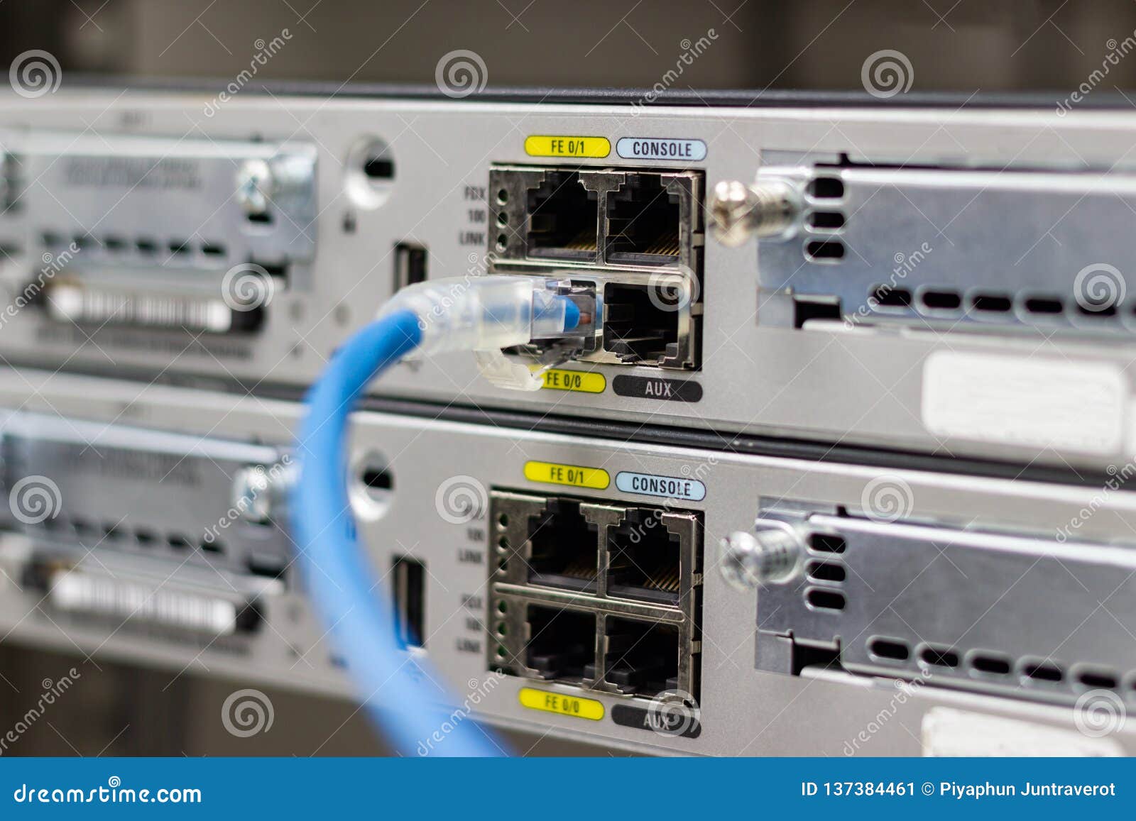 Network Switch in Rack, Network Cables Connect SFP Module Port Stock ...