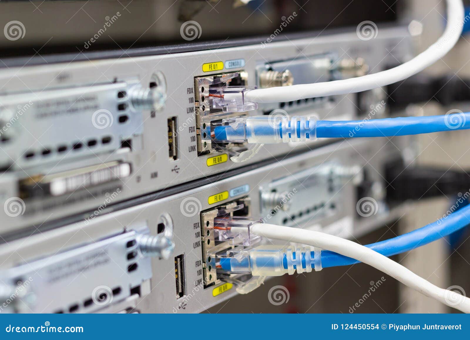 Network Switch in Rack, Network Cables Connect SFP Module Port in the ...