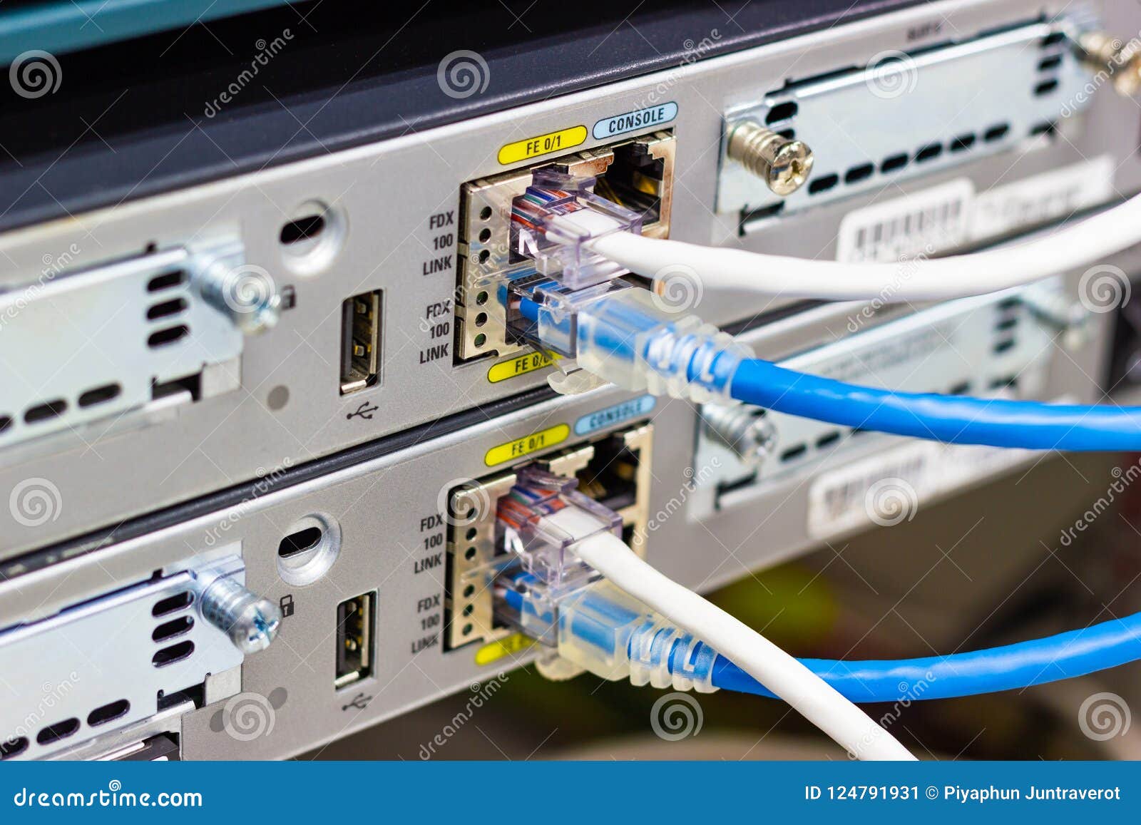 Network Switch in Rack, Network Cables Connect SFP Module Port in the ...