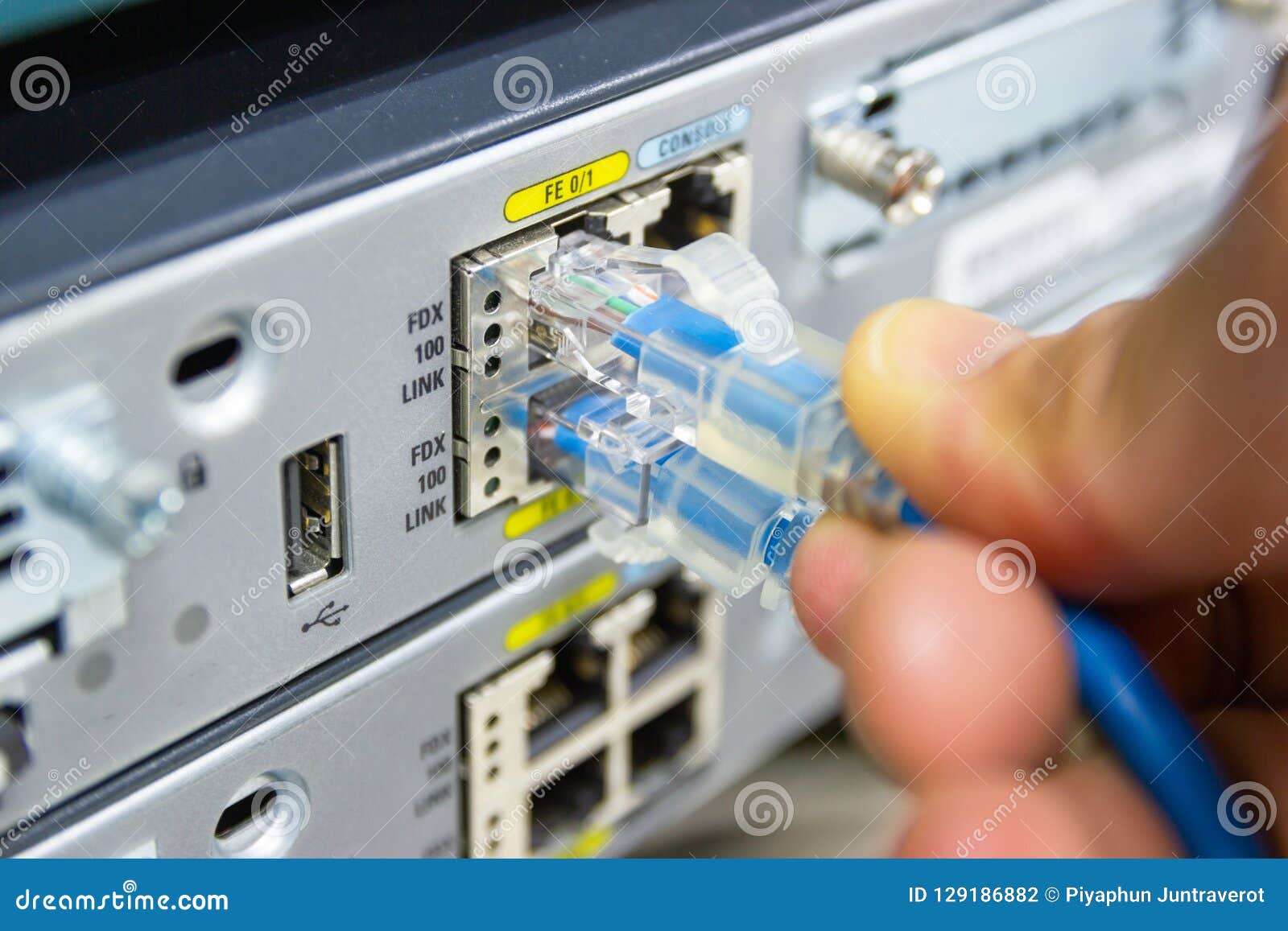 Network Switch in Rack, Network Cables Connect SFP Module Port Stock ...