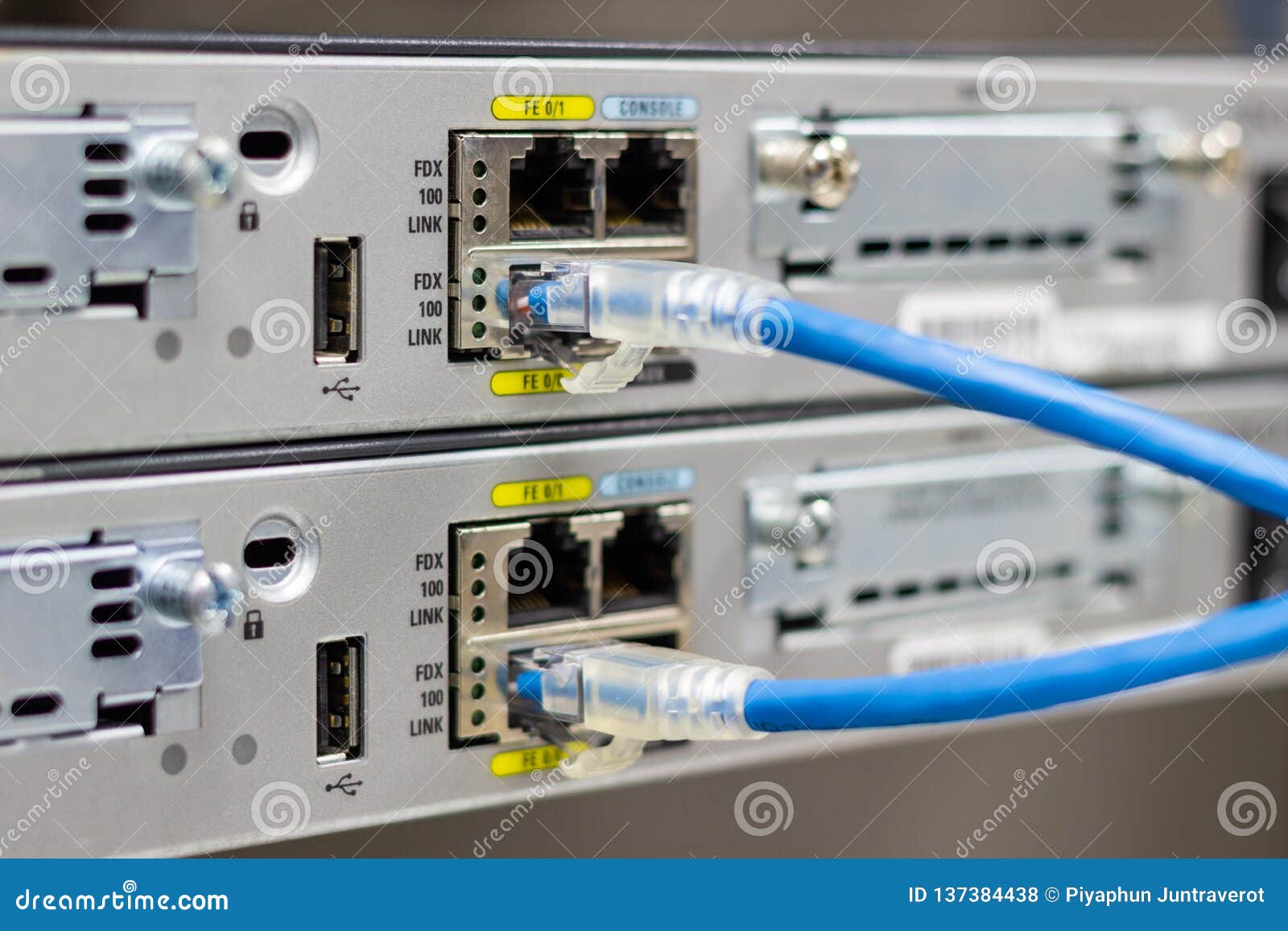 Network Switch in Rack, Network Cables Connect SFP Module Port Stock ...