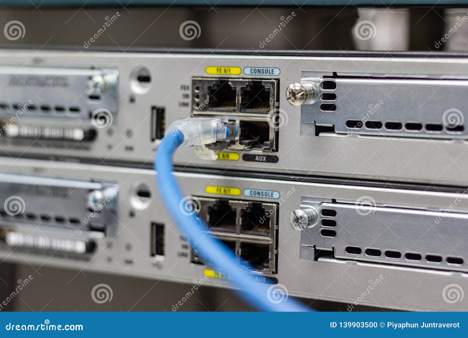 Network Switch in Rack, Network Cables Connect SFP Module Port Stock ...