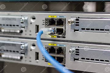 Network Switch in Rack, Network Cables Connect SFP Module Port Stock ...
