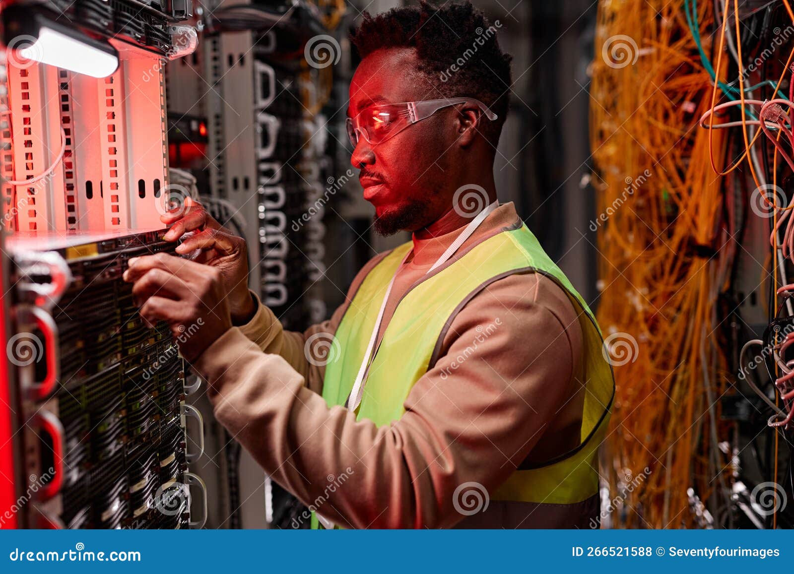 Network Technician Inspecting Servers in Data Center Red Neon Light ...
