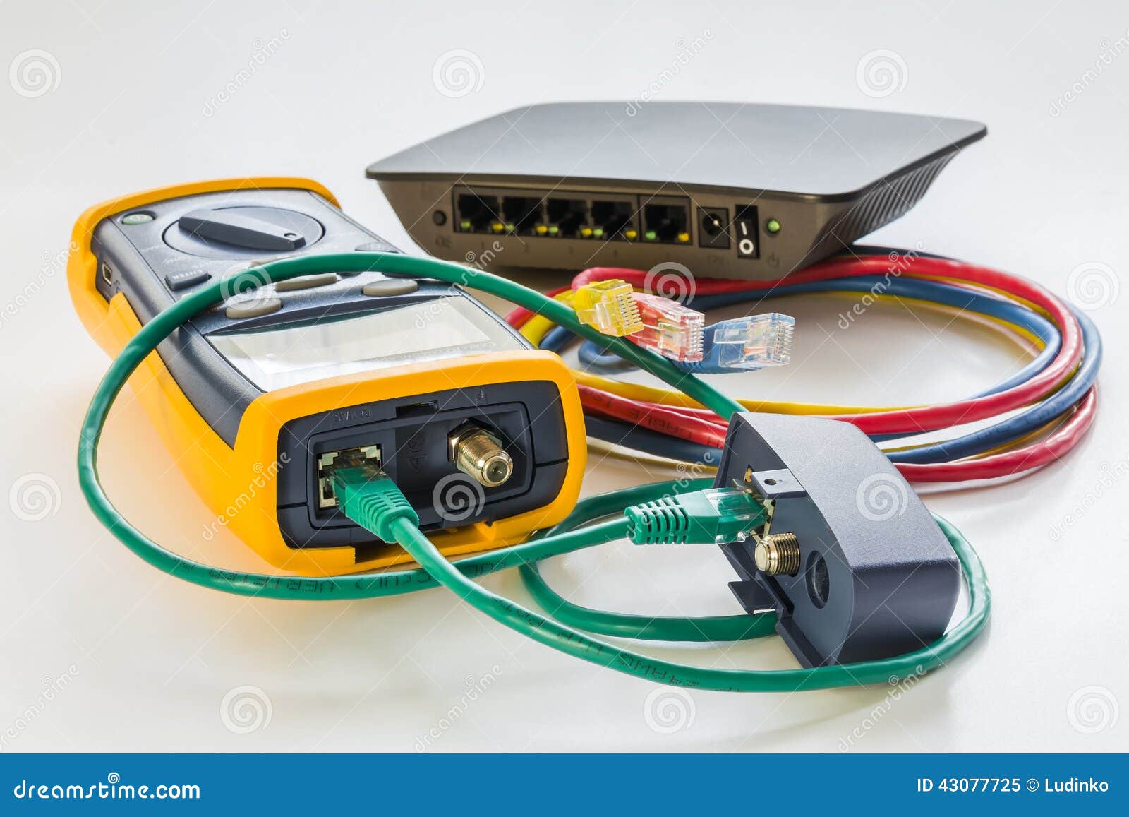 Network Tester and Small Switch with Various Color RJ45 Cables C Stock ...