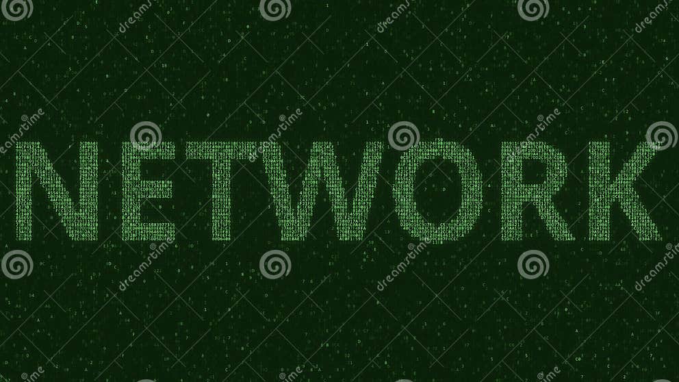 NETWORK Text Consisting of Many Symbols on Computer Monitor. 3d ...