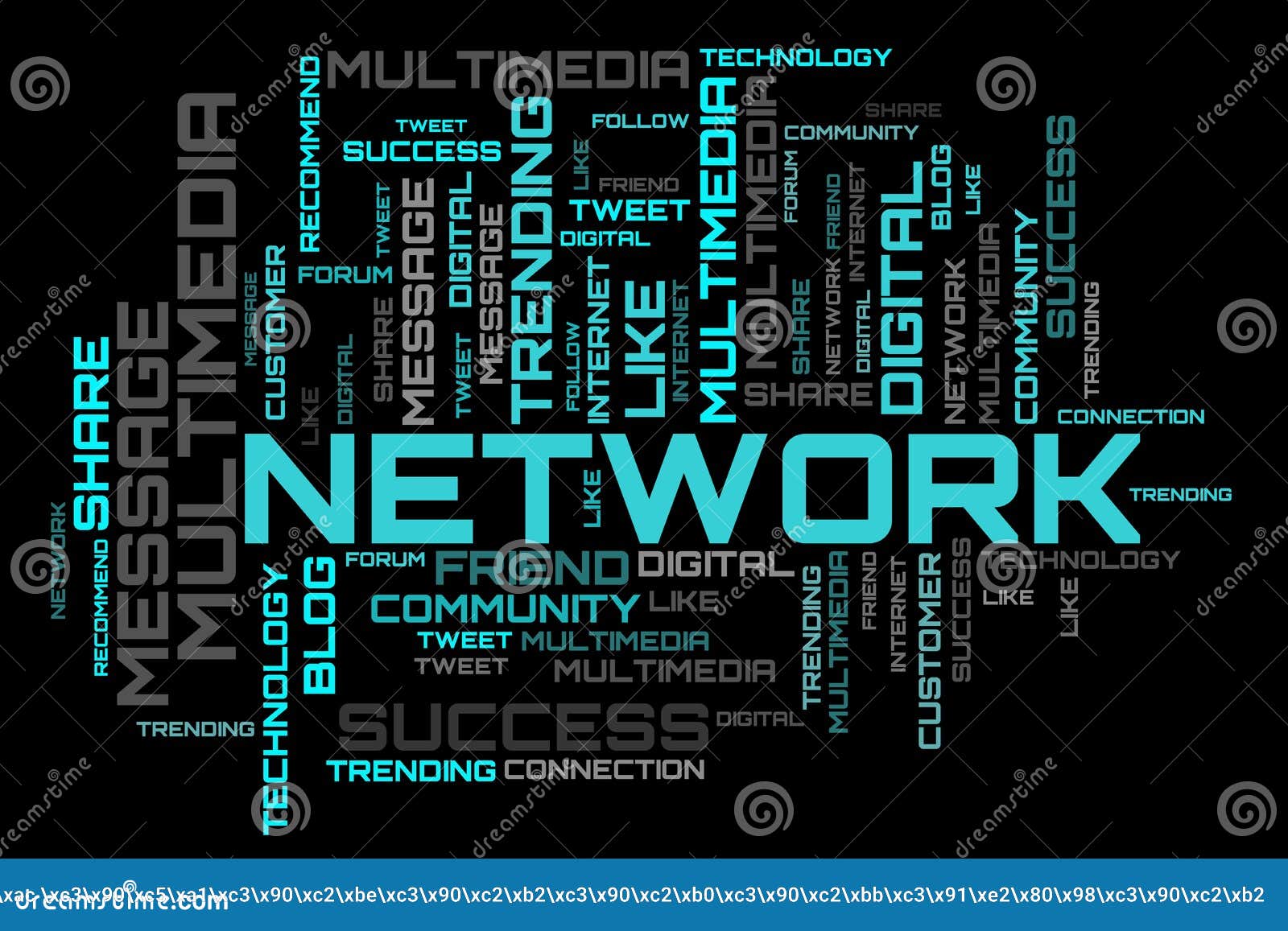Network Turquoise Word Cloud Concept on Black Background. Word Collage ...