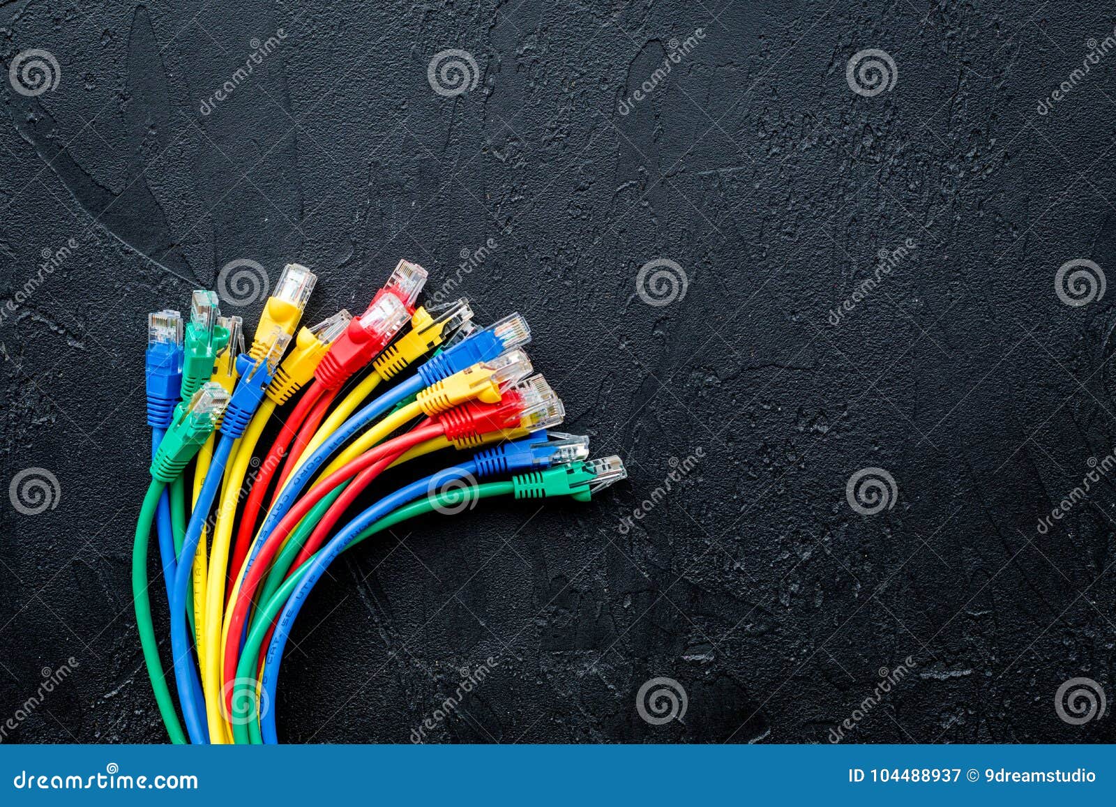Network Wires Assorted Colors with Tips on Black Background Top View ...