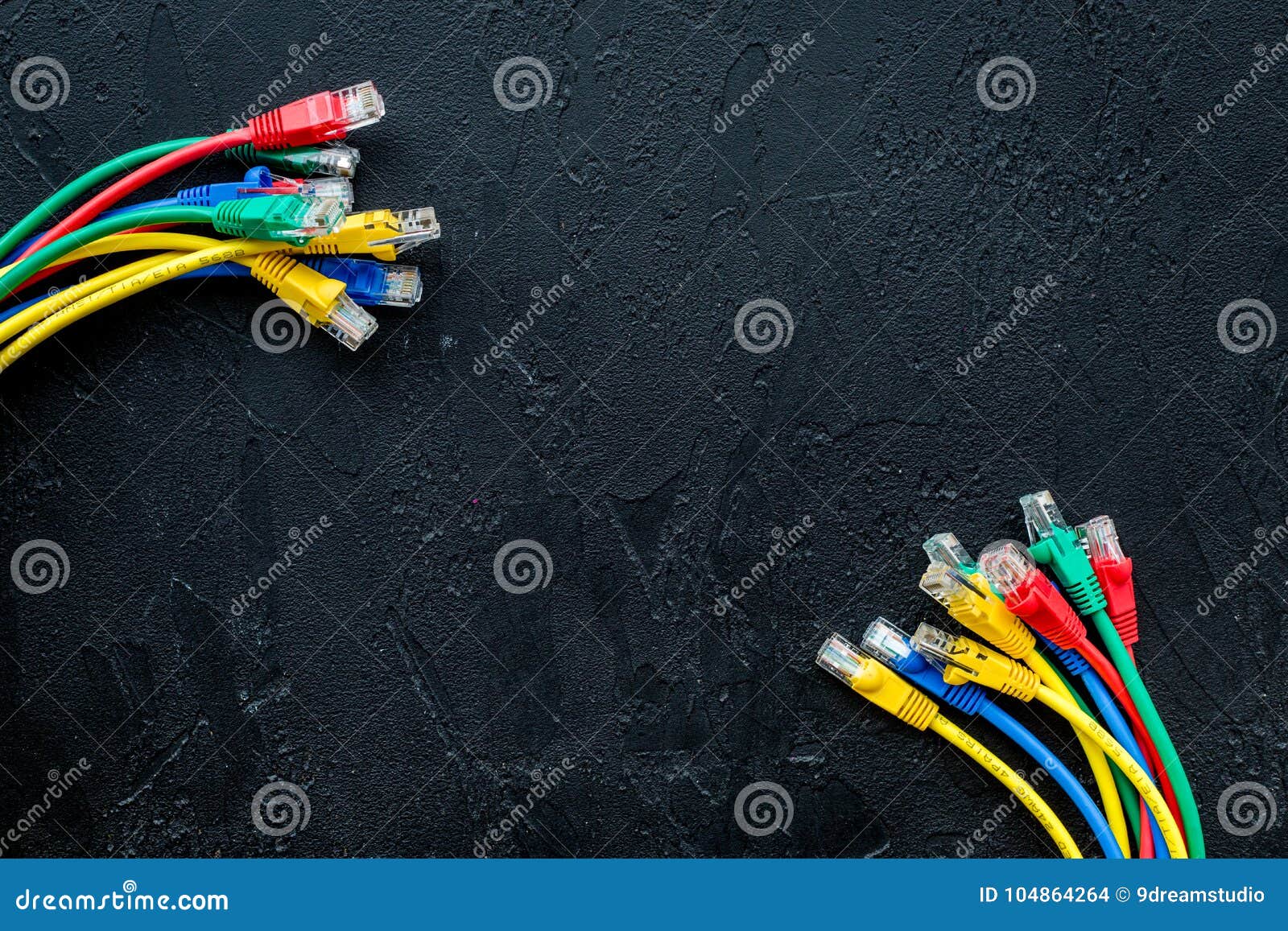 Network Wires Assorted Colors with Tips on Black Background Top View ...
