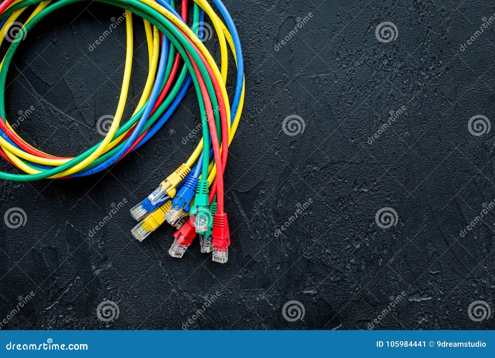 Network Wires Assorted Colors with Tips on Black Background Top View ...