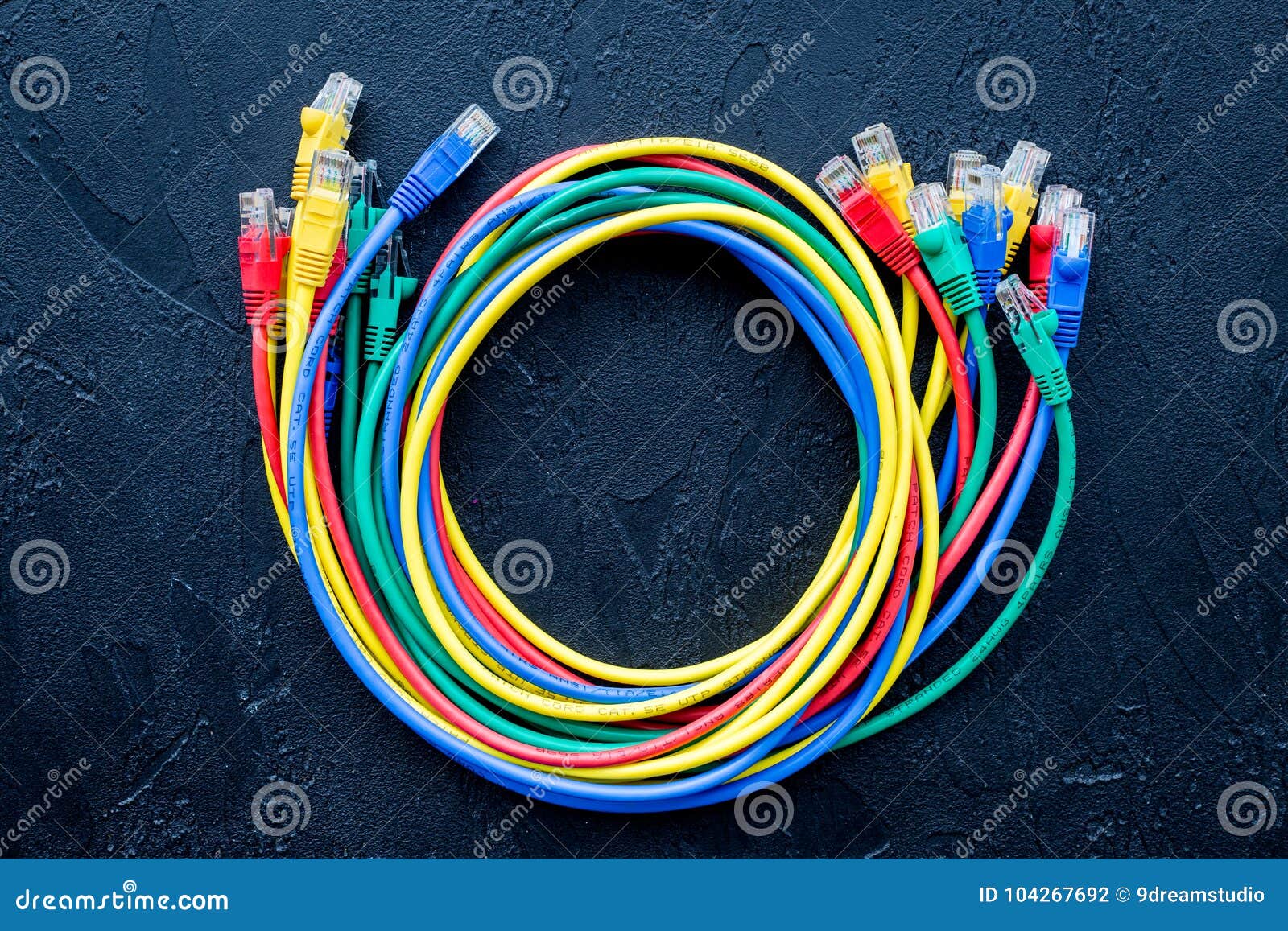 Network Wires Assorted Colors with Tips on Black Background Top View ...