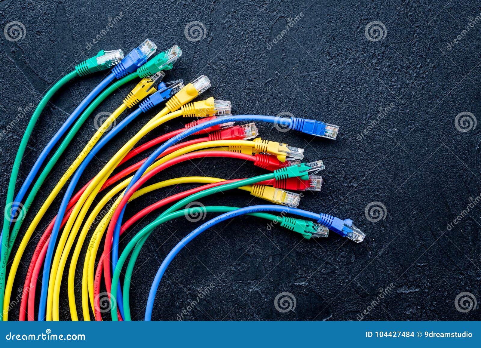 Network Wires Assorted Colors with Tips on Black Background Top View ...