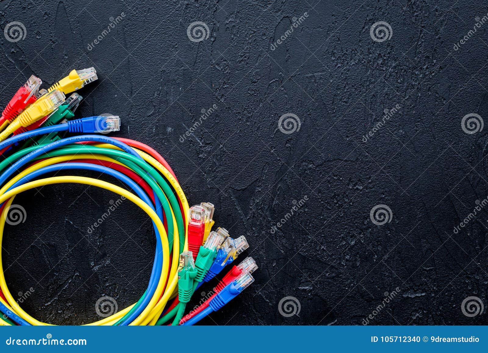 Network Wires Assorted Colors with Tips on Black Background Top View ...