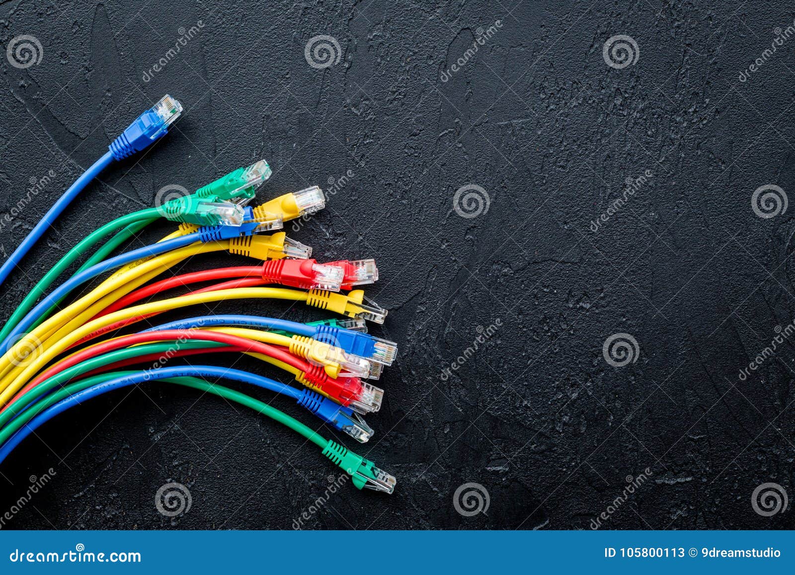 Network Wires Assorted Colors with Tips on Black Background Top View ...