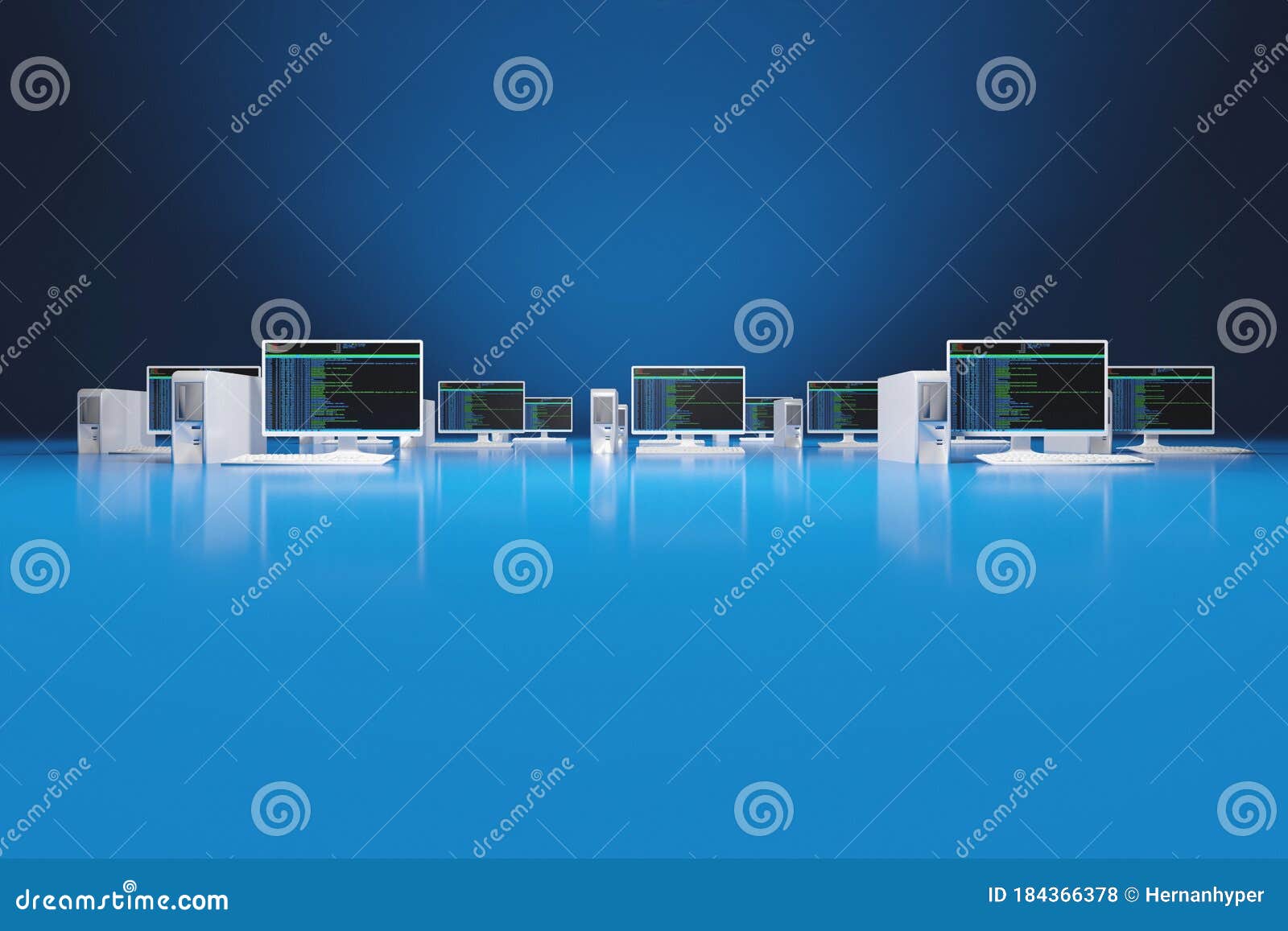 Network Workstations on Blue Background. Digital 3D Render Concept ...