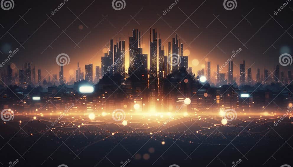 A Networked City at the Sunset. Generative AI Stock Illustration ...