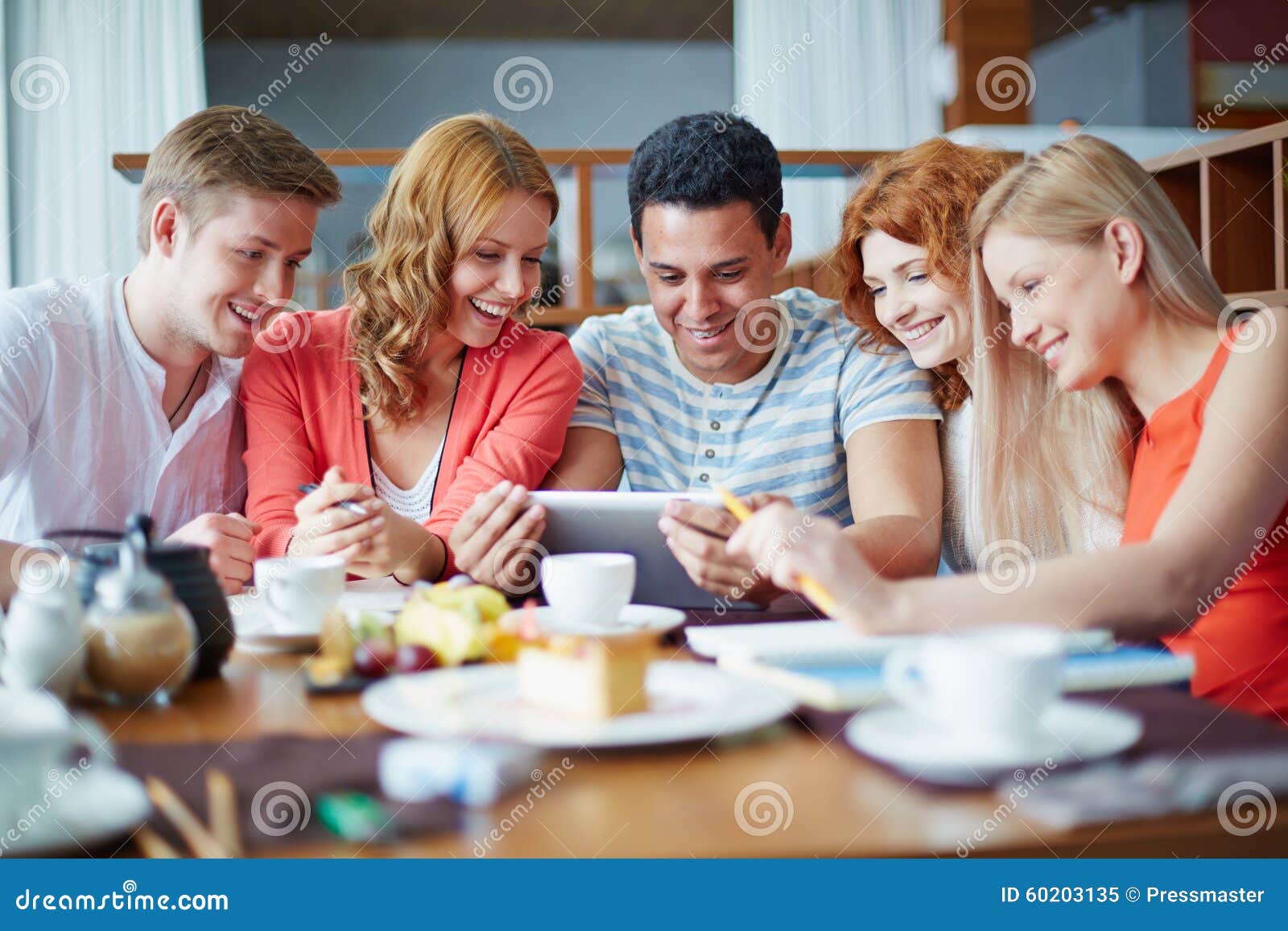 Networking in cafe stock image. Image of gathered, people - 60203135