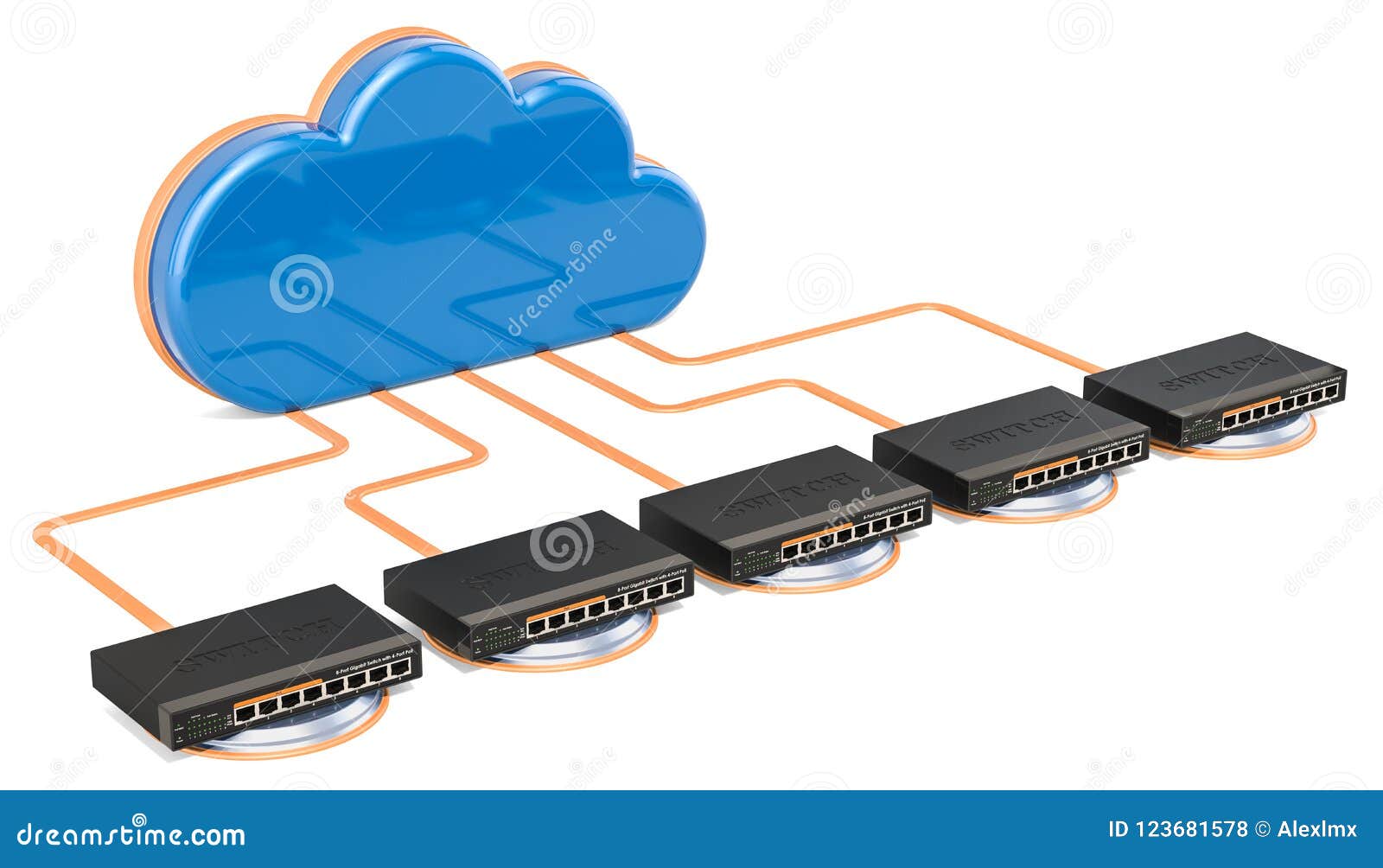 Networking Connection Concept. Computer Cloud with Network Switches, 3D ...
