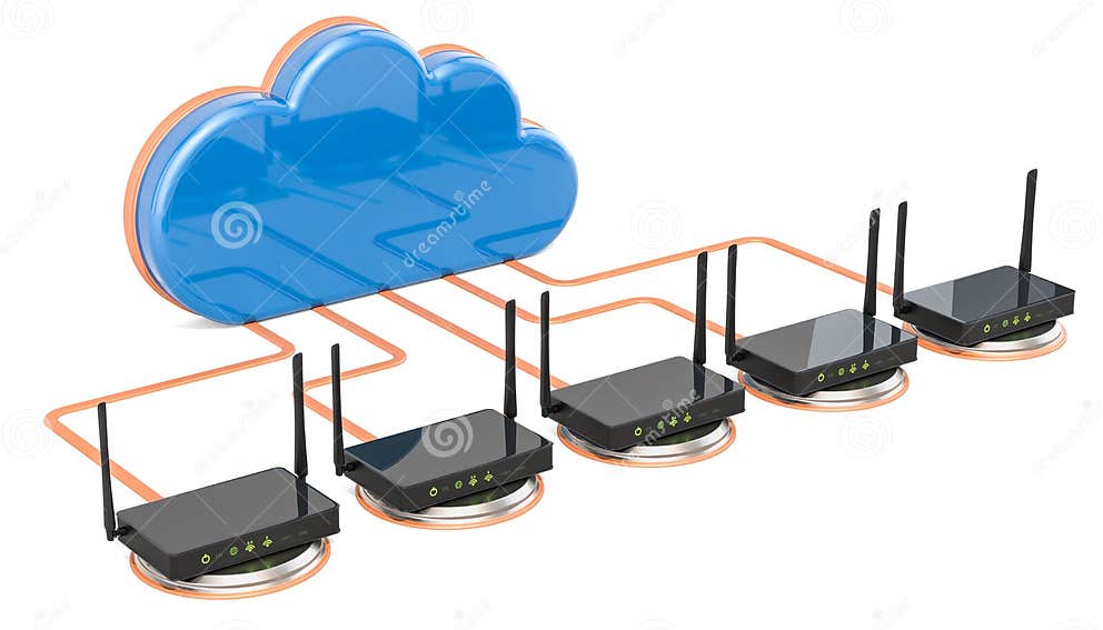 Networking Connection Concept. Computer Cloud with Routers, 3D R Stock ...