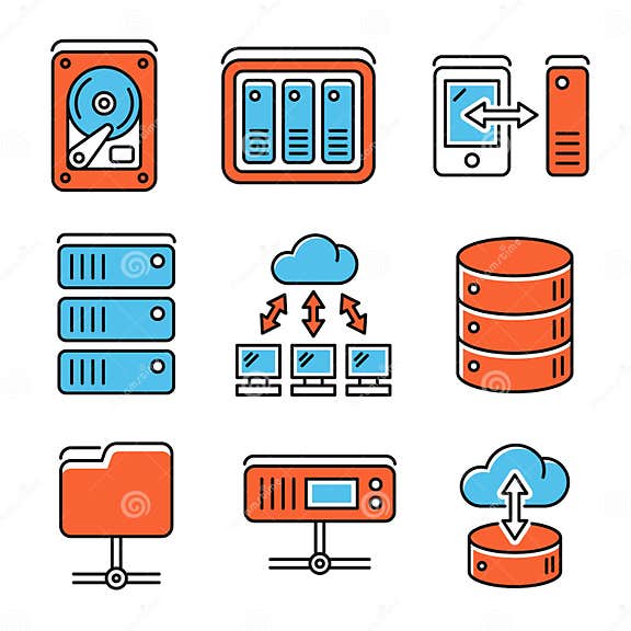 Networking File Share and NAS Server Icons Set. Vector Stock Vector ...