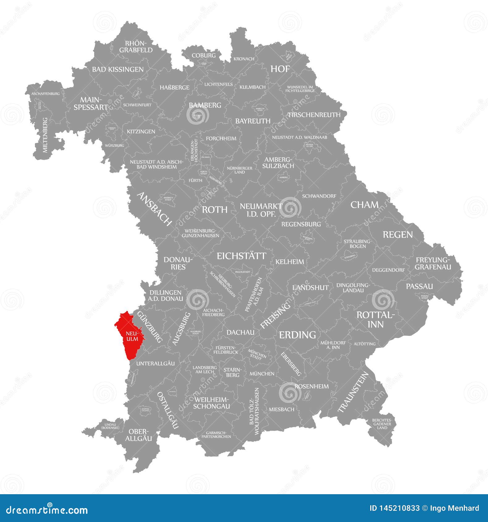Neu-Ulm County Red Highlighted in Map of Bavaria Germany Stock ...