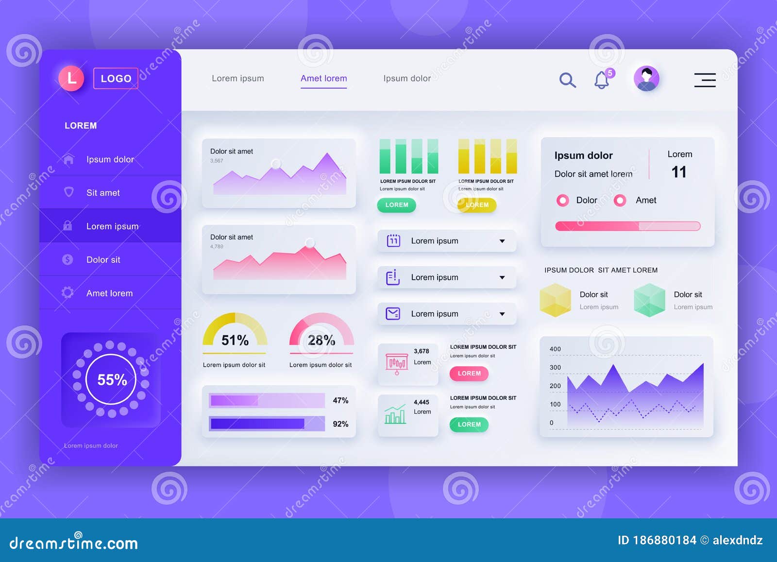Neumorphic Dashboard UI Kit. Admin Panel Vector Illustration ...