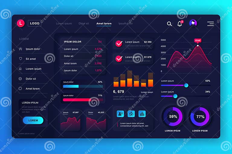 Neumorphic Dashboard UI Kit. Admin Panel Vector Design Template with ...