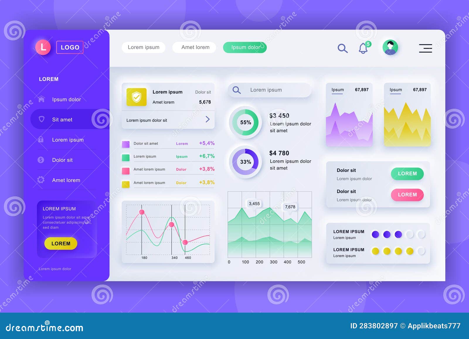 Neumorphic Dashboard UI Kit. Admin Panel Vector Design Template with ...