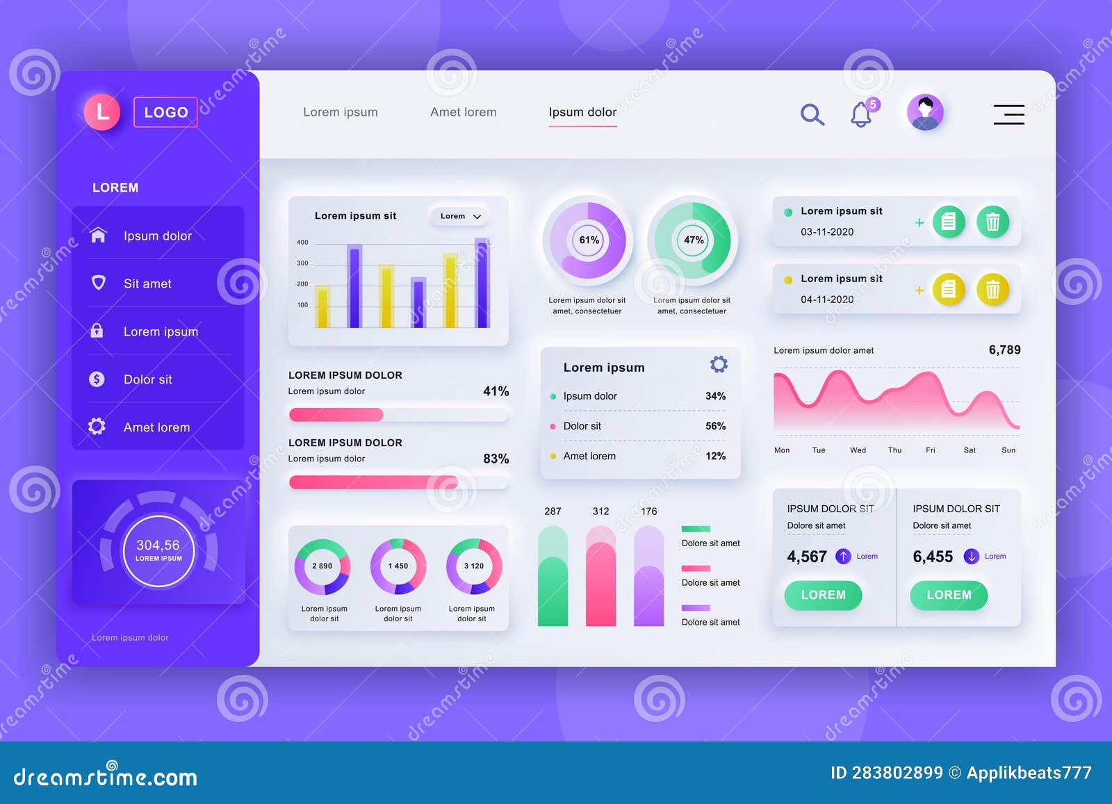 Neumorphic Dashboard UI Kit. Admin Panel Vector Design Template with ...