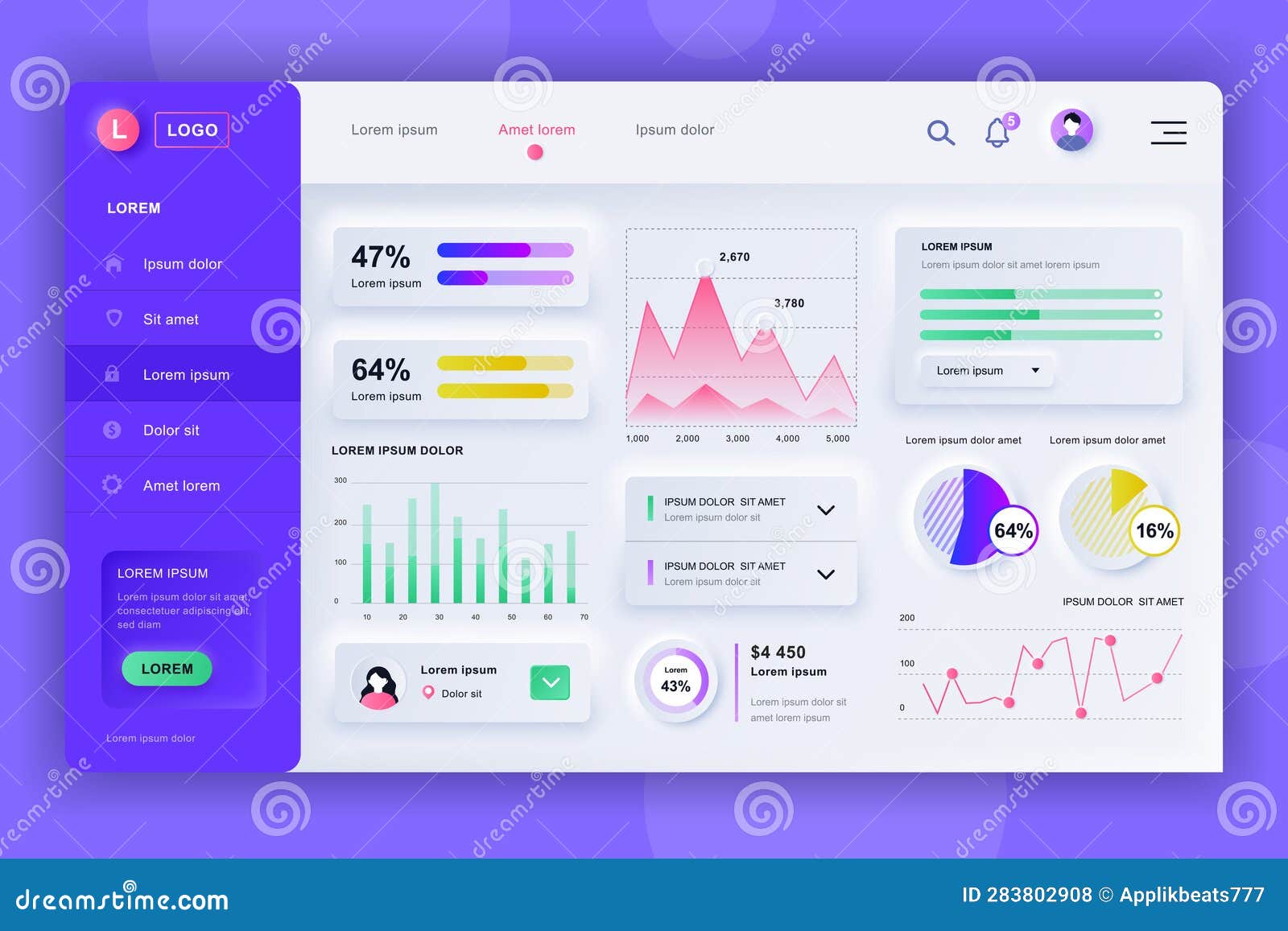 Neumorphic Dashboard UI Kit. Admin Panel Vector Design Template With ...