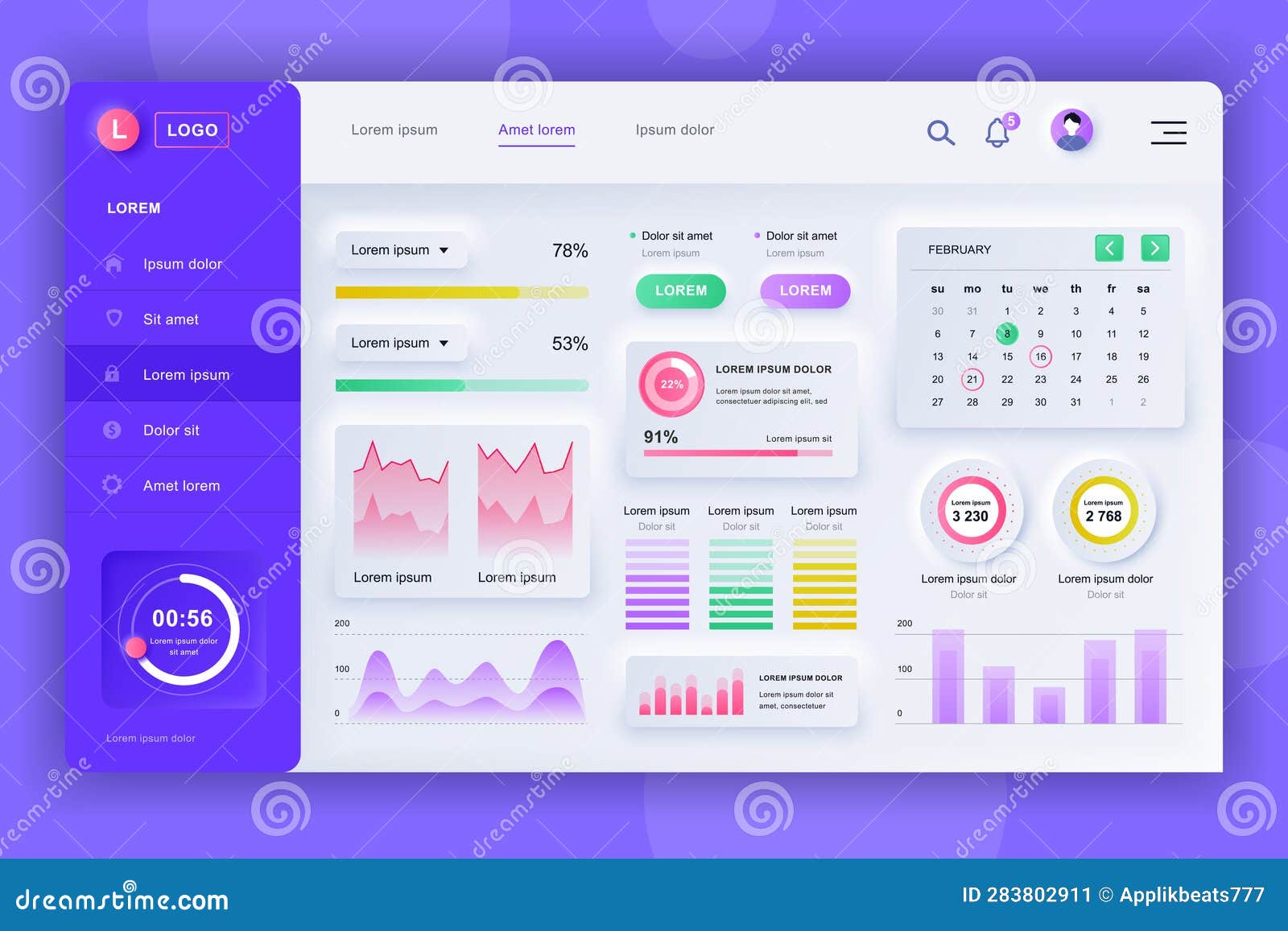 Neumorphic Dashboard UI Kit. Admin Panel Vector Design Template with ...