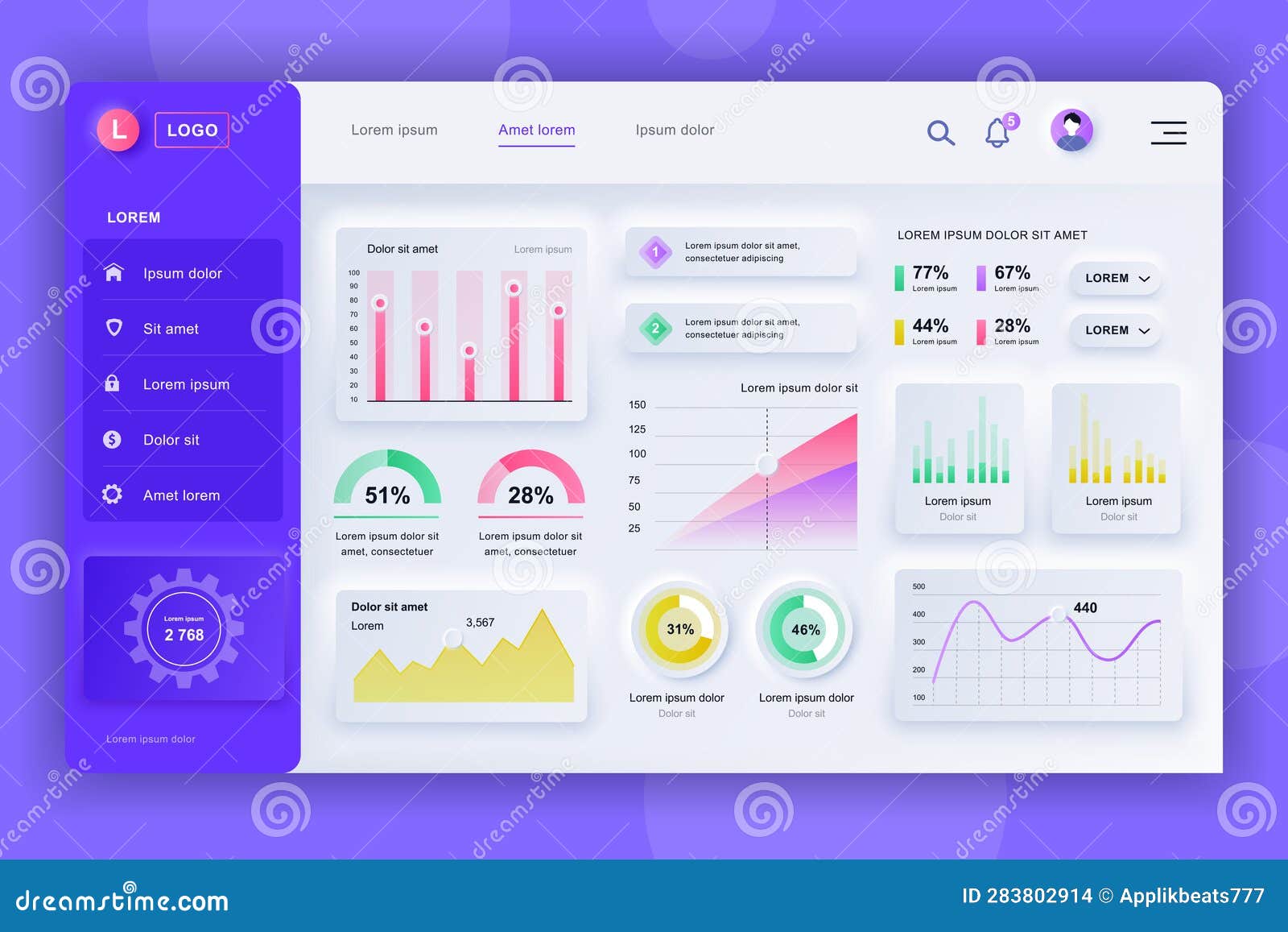 Neumorphic Dashboard UI Kit. Admin Panel Vector Design Template with ...