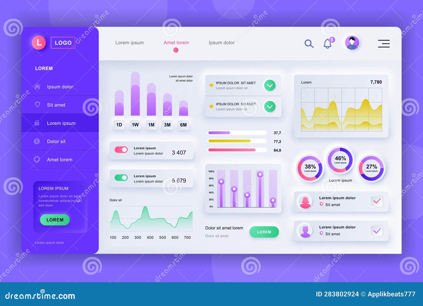 Neumorphic Dashboard UI Kit. Admin Panel Vector Design Template With ...