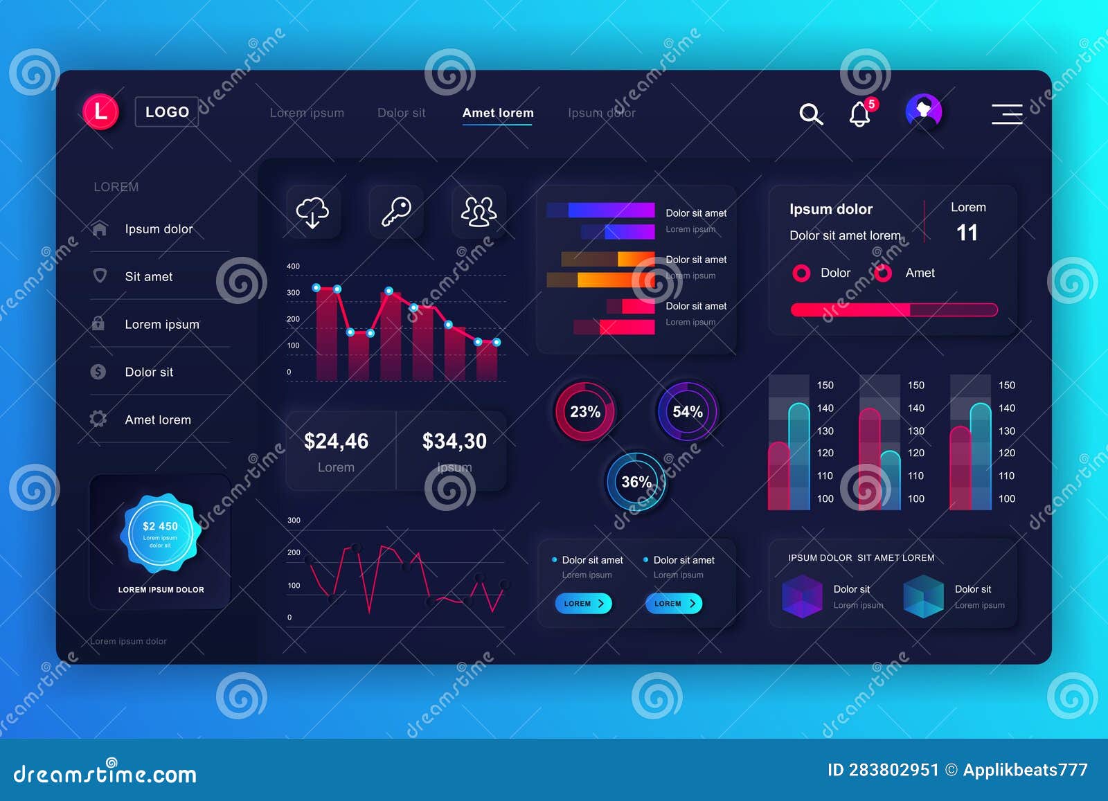 Neumorphic Dashboard UI Kit. Admin Panel Vector Design Template with ...