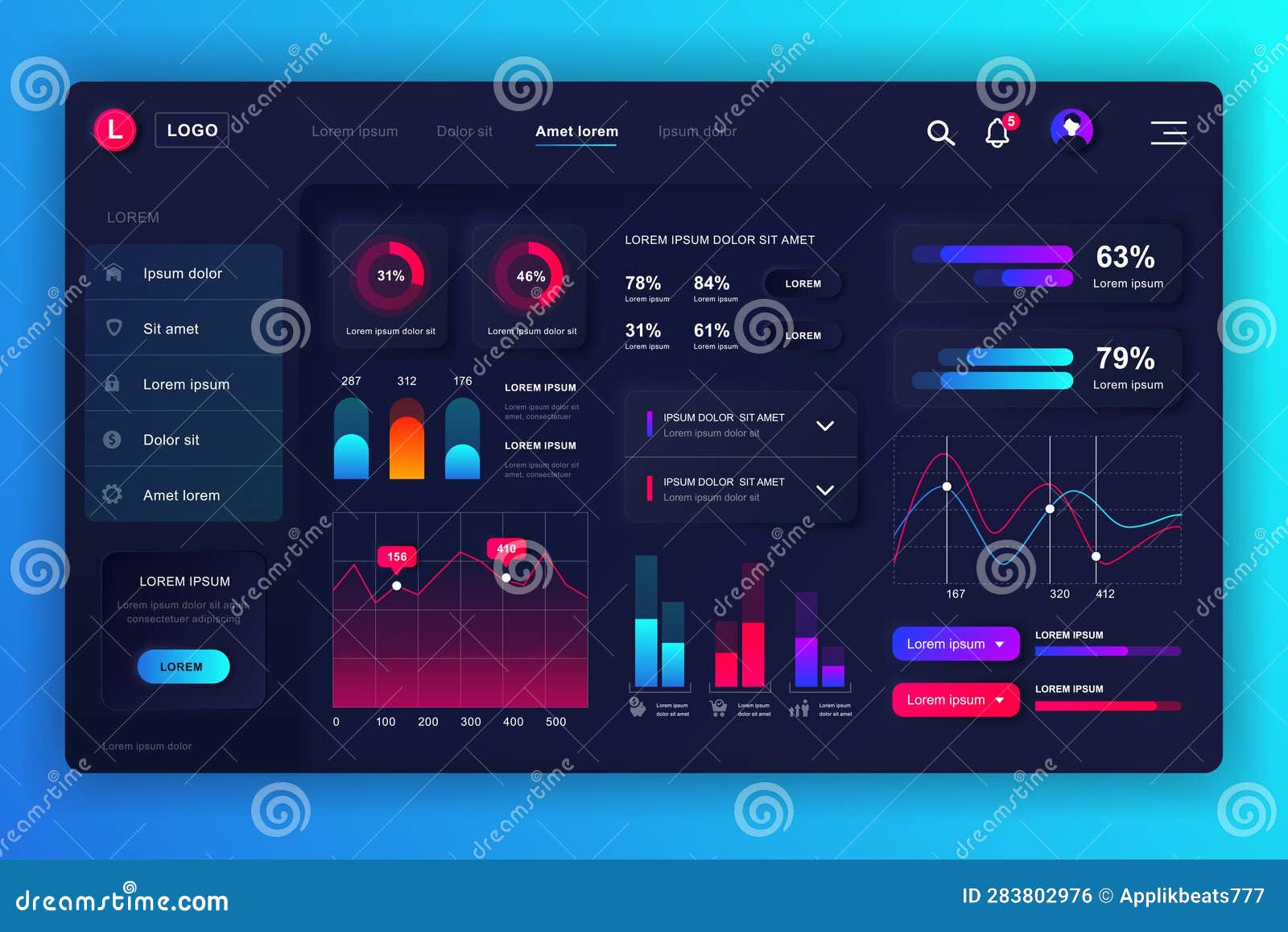 Neumorphic Dashboard UI Kit. Admin Panel Vector Design Template With ...