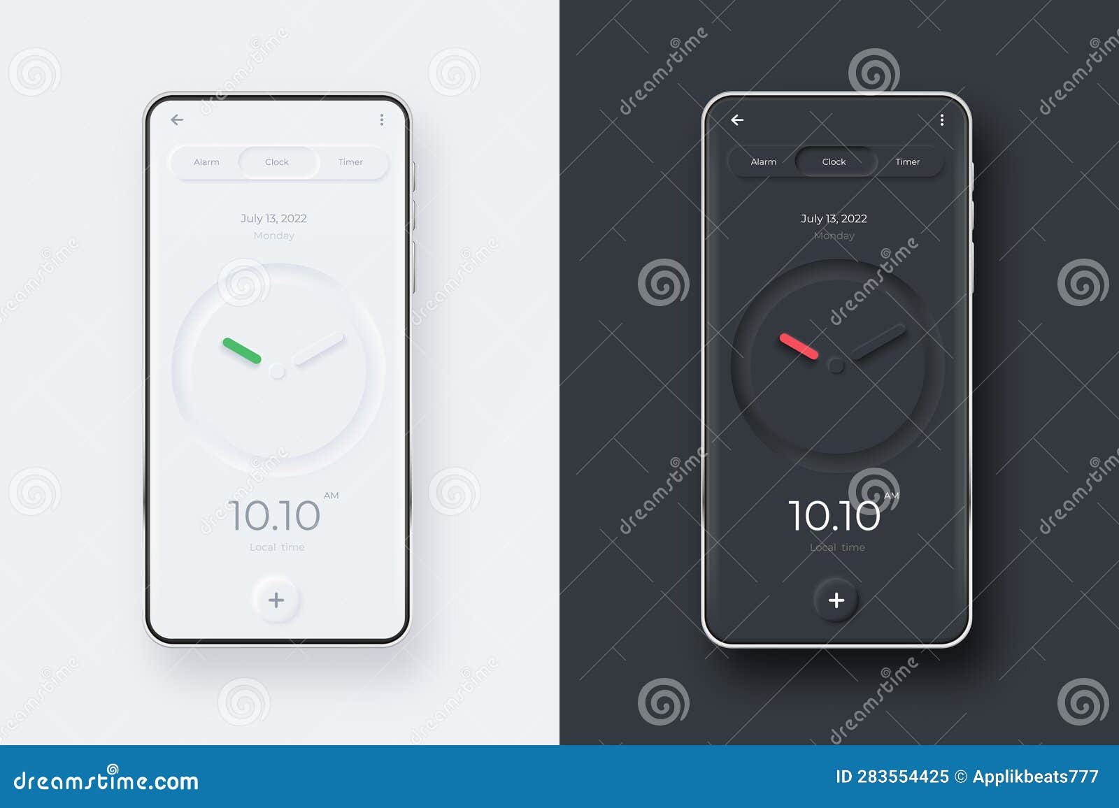 Neumorphic UI Kit on Smartphone Screen. Clock on Black and White ...