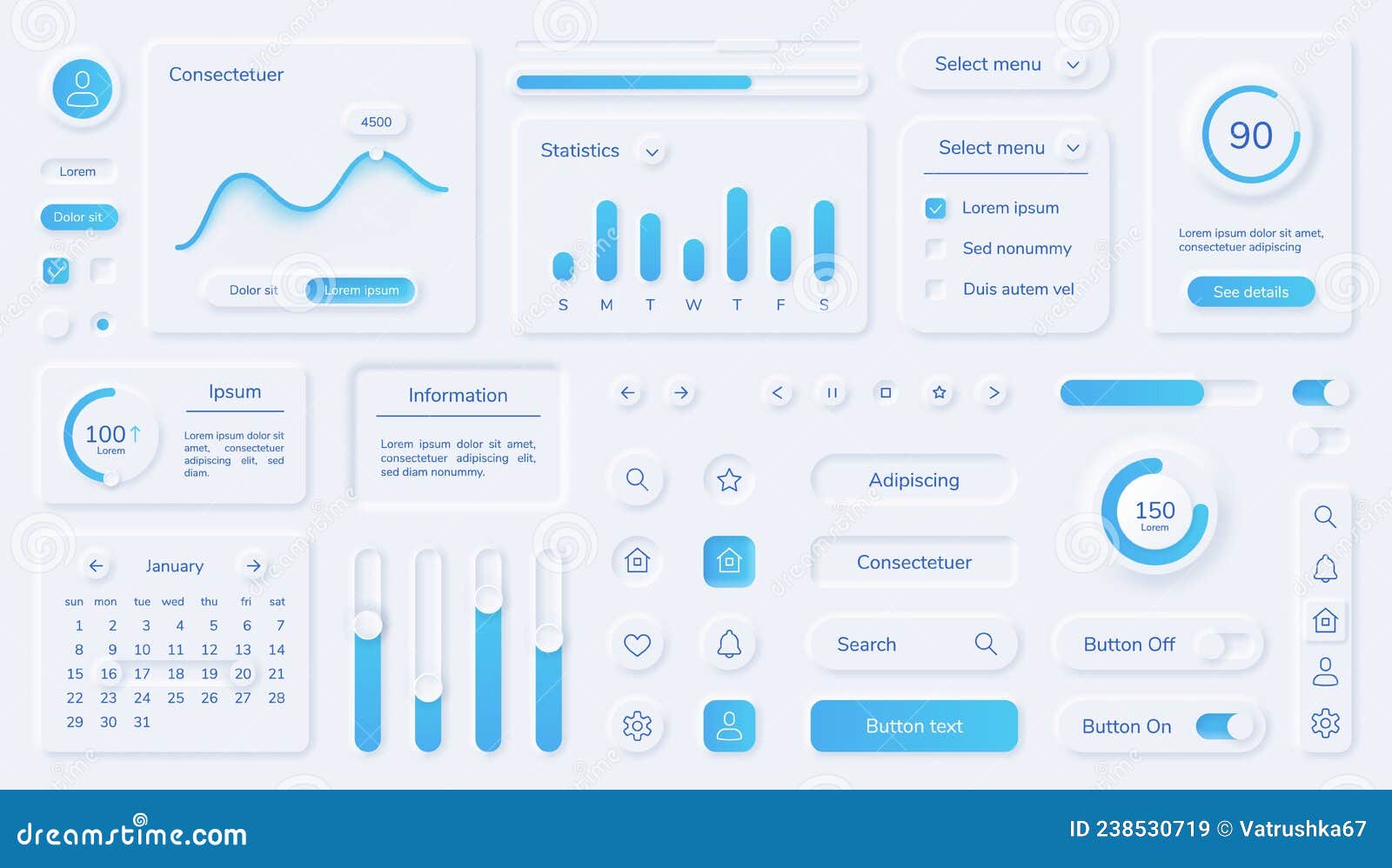 Neumorphic User Interface Elements, Mobile App Ui Design Kit. Buttons ...