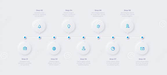 Neumorphism Timeline Infographic. Process Visualization with 9 Options ...