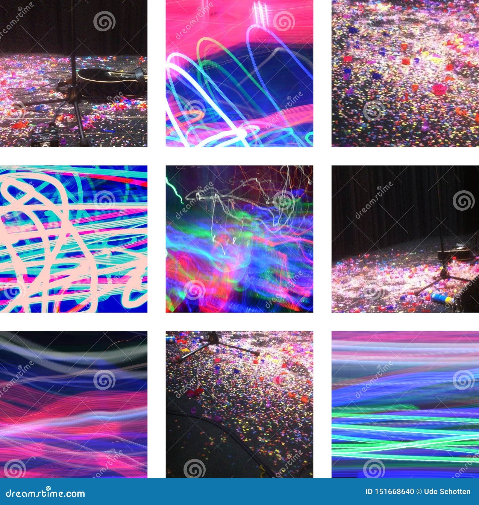 Nine Pictures with Confetti, Light and Music Stock Photo - Image of ...