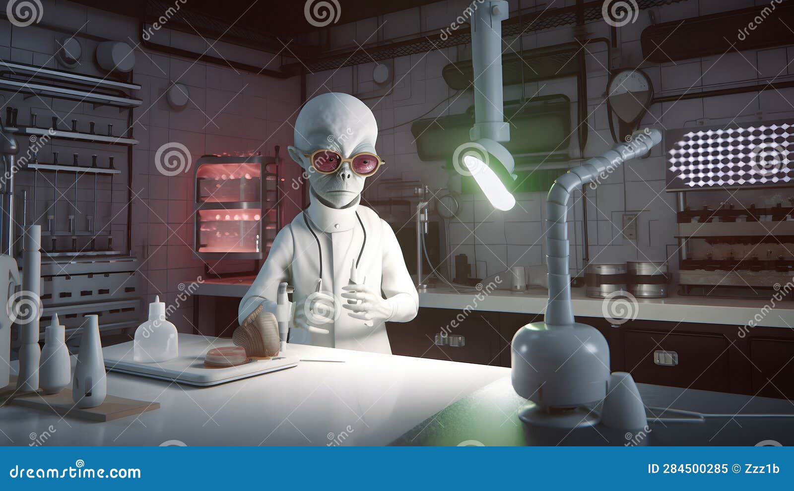 Anthropomorphic Alien Scientist in His Laboratory, Neural Network ...