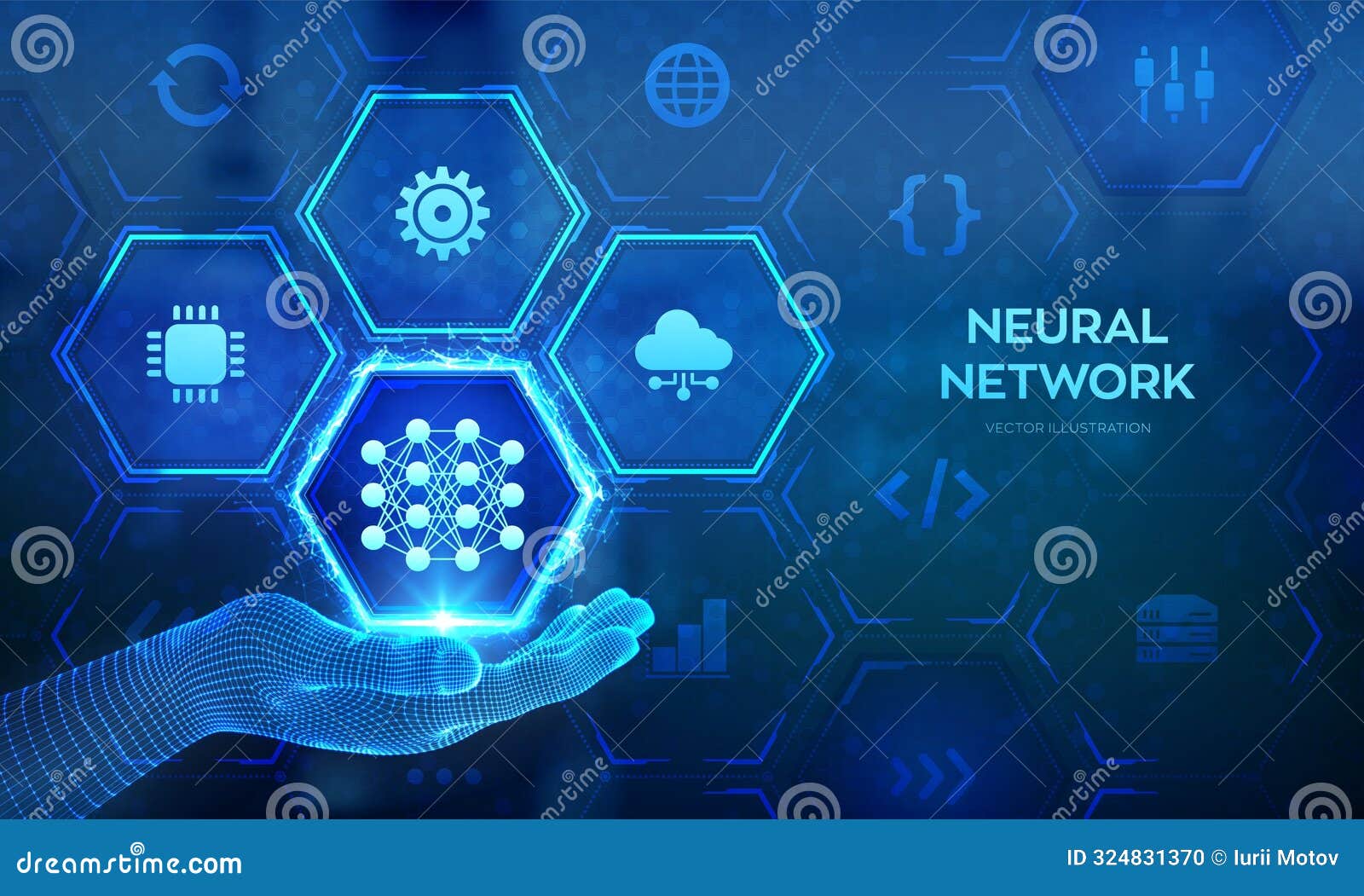 Neural Network Icon in Wireframe Hand. AI. Artificial Intelligence. Machine Learning. Deep ...