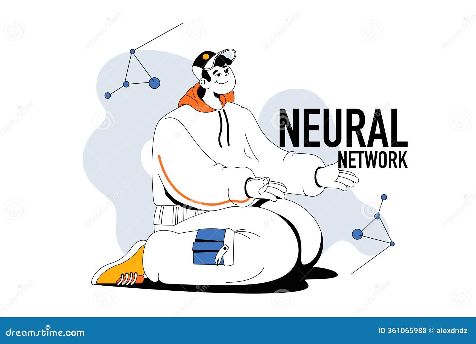 Neural Network Outline Web Modern Concept in Flat Line Design. Man Interacting with Artificial ...
