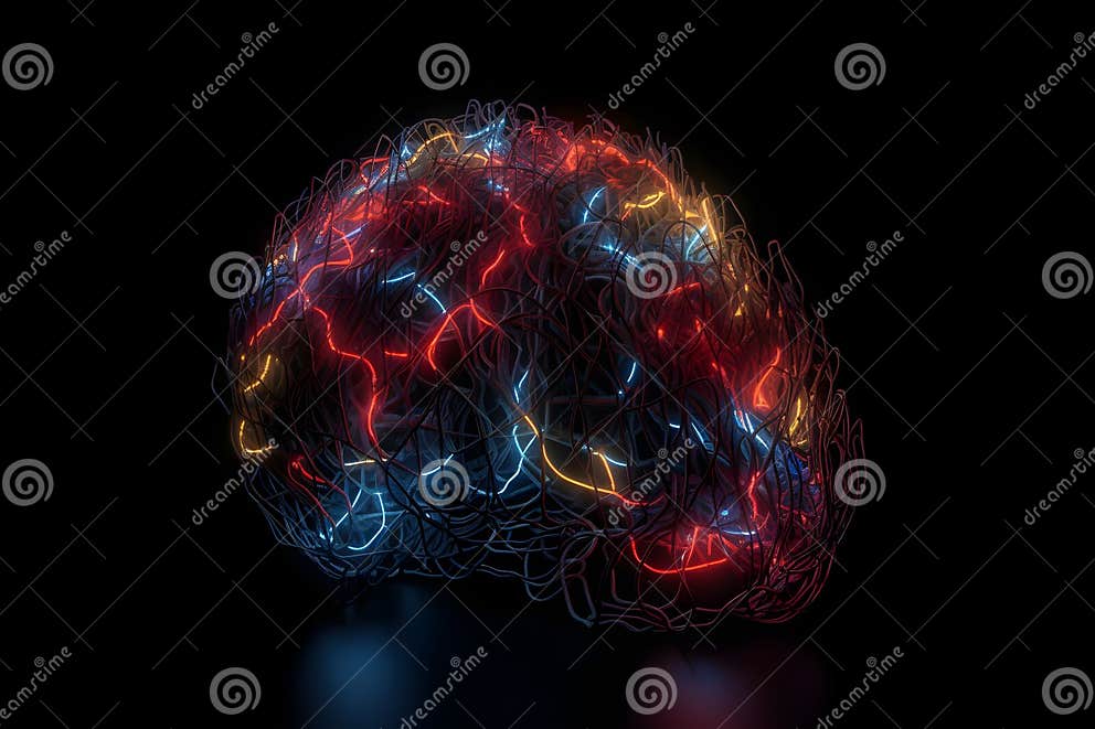 Neural Network in the Shape of a Human Brain with Glowing Connections ...