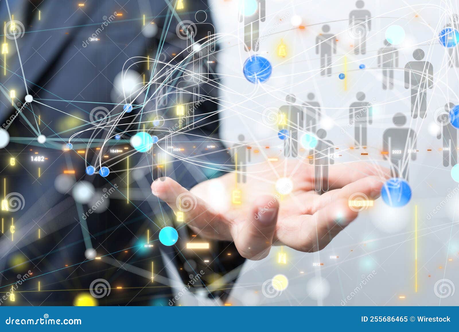 Neural Web of 3d Rendered Illustrative User Icons Floating on a Man S ...