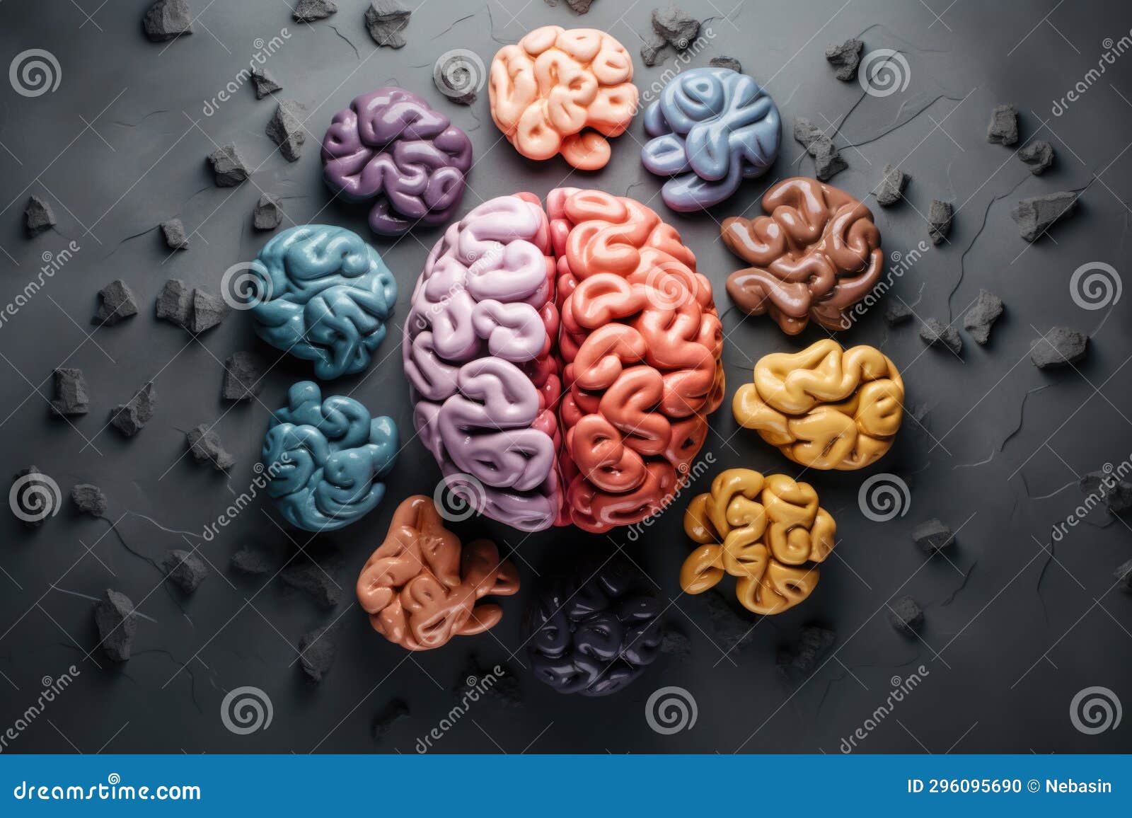Neurodiversity. Multi-colored Brain Surrounded by Brains on a Dark ...