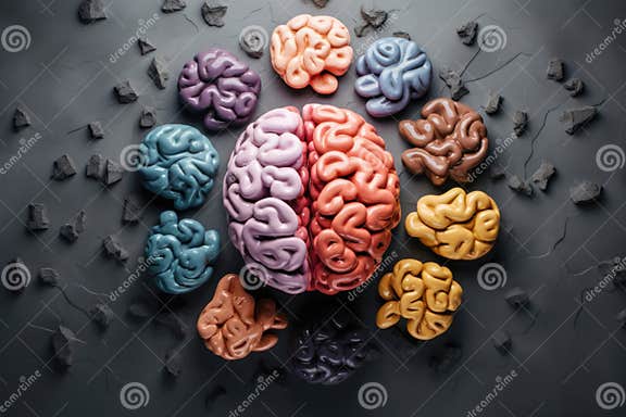 Neurodiversity. Multi-colored Brain Surrounded by Brains on a Dark ...