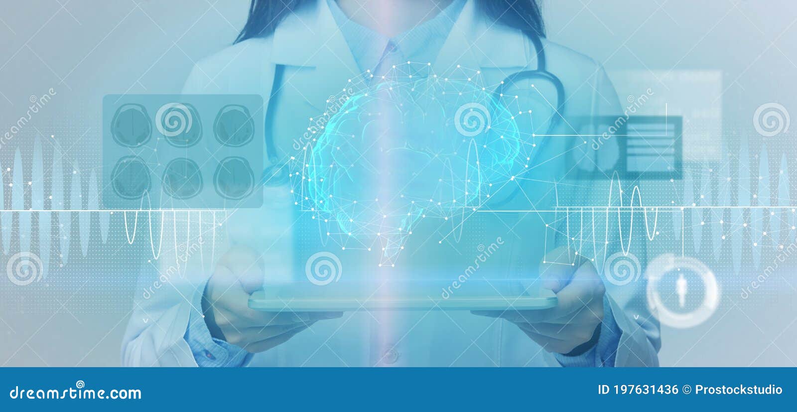 Neurologist Holding Digital Tablet with Brain Scans Projection Stock ...